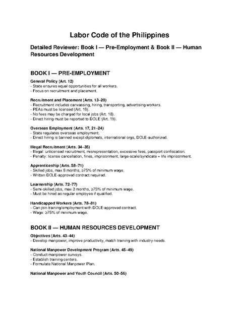 Labor Code Of The Philippines Reviewer Book I And Ii Overview Studocu