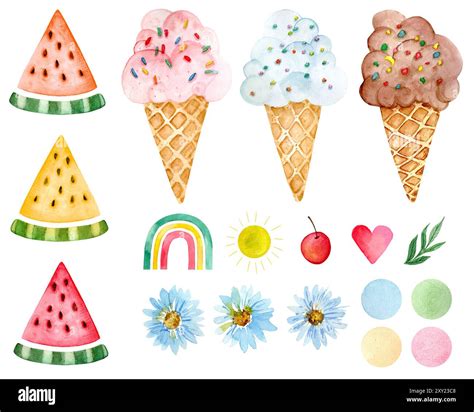 Summer Stuff Set Isolated Watercolor Summer Elements On White