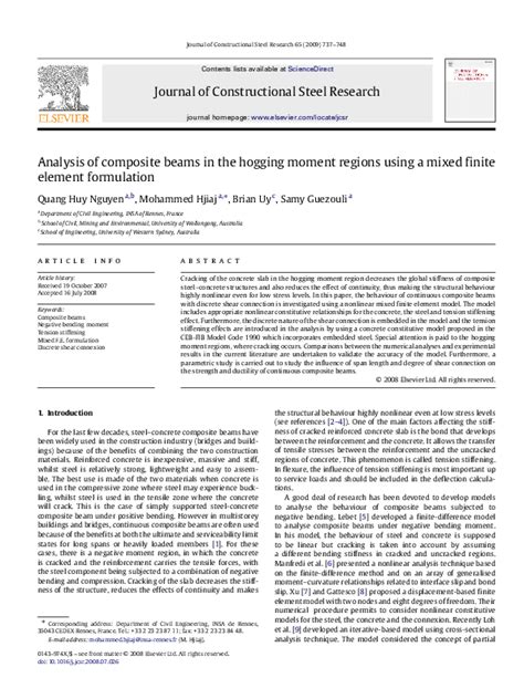 Pdf Analysis Of Composite Beams In The Hogging Moment Regions Using A Mixed Finite Element