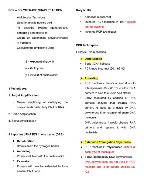 Pcr Notes Pcr Polymerase Chain Reaction A Molecular Technique Used