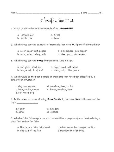 Classification Worksheet Matching Binomial Nomenclature