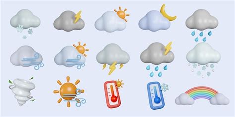 Premium Photo D Weather Set Emoji Icon Cloud With Sun Crescent Moon Lightning Rain Wind And