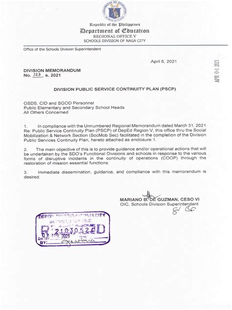Dm No 123 S 2021 Division Public Service Continuity Plan Pscp Pdf