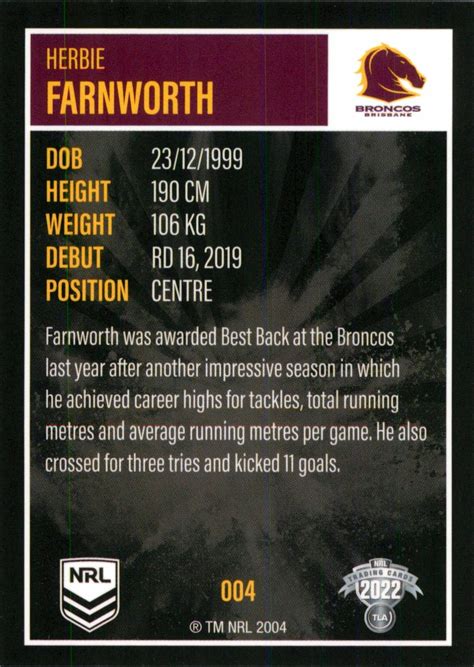 2022 Brisbane Broncos Nrl Card Herbie Farnworth Elite Ebay Australia