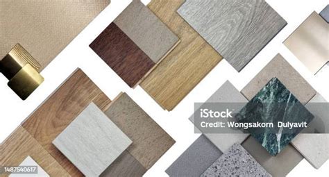 홈 인테리어 재료 샘플 선택에는 브러시 드 스테인리스 금속 라미네이트 목재 비닐 바닥 타일 라미네이트 타일 대리석 석재 흰색 배경에 배치 된 석재 타일이 포함됩니다 개념에
