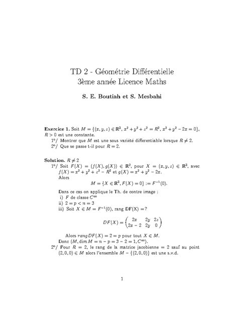 Td 2 Geo Diff Math Td 2 G ́eom ́etrie Diff ́erentielle 3`eme Ann ́ee Licence Maths S E