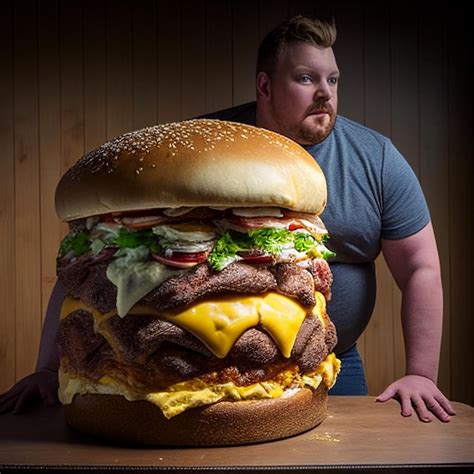 Premium Ai Image A Man Stands Behind A Giant Hamburger That Has