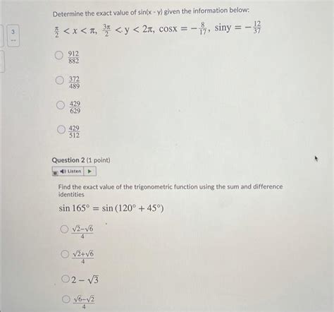 Solved Determine The Exact Value Of Sin X Y Given The Chegg Com