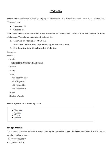 Html Lists Pdf Html Element Html