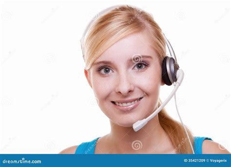Girl With Headphones And Microphone Headset On White Stock Image