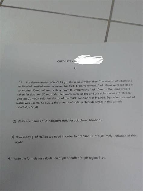 Solved CHEMISTRY с For determination of NaCl g of the Chegg