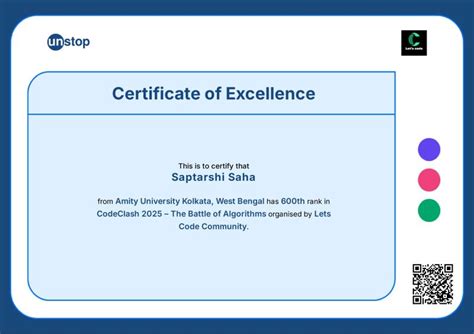 Grateful To Have Received A Certificate Of Excellence For Securing The 600th Rank In Codeclash