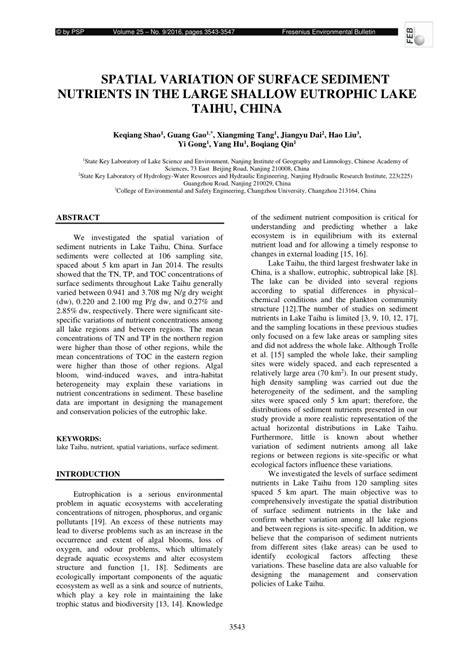 Pdf Spatial Variation Of Surface Sediment Nutrients In The Large Shallow Eutrophic Lake Taihu