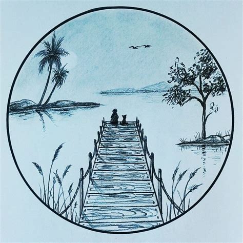 Very Easy Scenery Pencil Drawing In Circle Landscape Drawing Tutorial