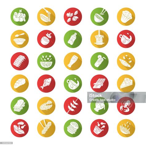 메뉴 요리 평면 디자인 긴 그림자 문 양 아이콘 세트 샐러드 첫 번째 식사 메인 요리 햄버거 피자 음료 디저트 패스트 푸드 레스토랑 카페 비스트로 식사 벡터 실루엣