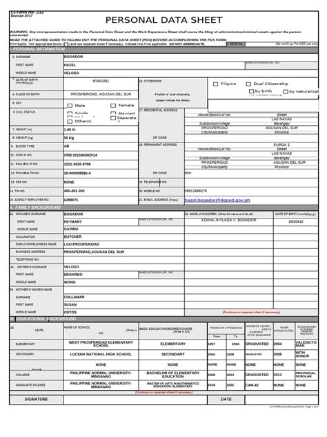Excel File Csc Personal Data Sheet Pds 2017 2023 Pdf