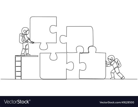 Continuous One Line Drawing Two Astronauts Vector Image