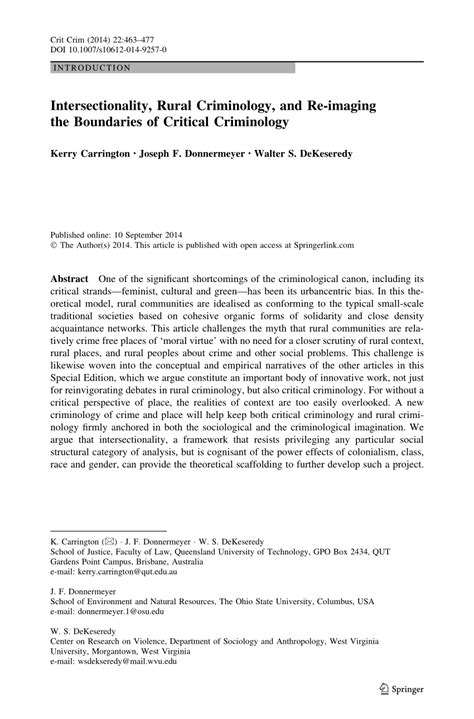 Pdf Intersectionality Rural Criminology And Re Imaging The Boundaries Of Critical Criminology
