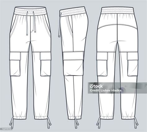 조깅하는 바지 패션 플랫 기술 도면 템플릿입니다 스포츠 스웨트 팬츠 테크니컬 패션 일러스트 사이드 포켓 신축성있는 허리띠 앞면 측면 및 뒷면보기 화이트 여성 남성 남녀 공용