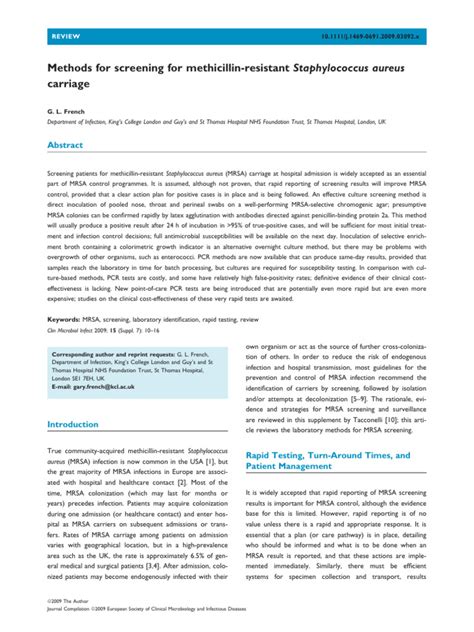 Methods For Screening For Methicillin Resistant Staphylococcus Aureus Carriage Pdf