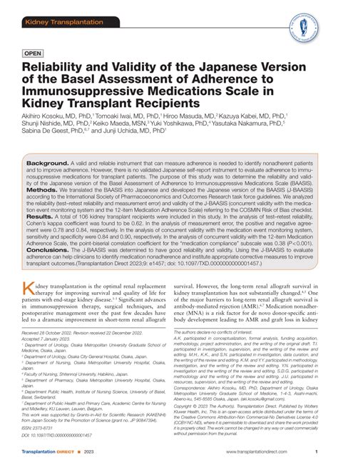 Pdf Reliability And Validity Of The Japanese Version Of The Basel Assessment Of Adherence To