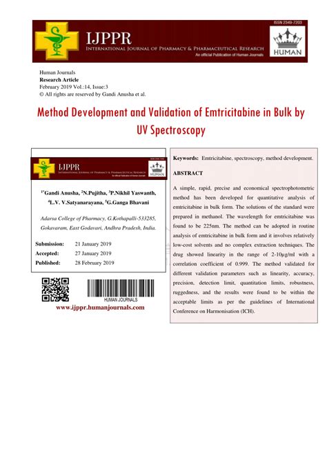Pdf Method Development And Validation Of Emtricitabine In Bulk By Uv Spectroscopy