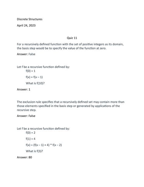 Quiz 11 Answers Discrete Structures April 24 2023 Quiz 11 For A