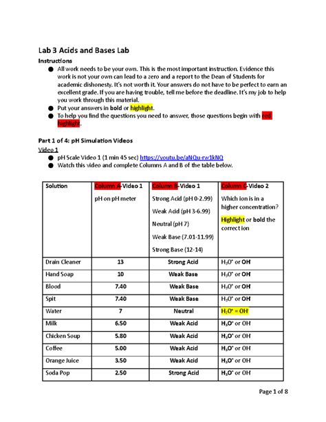 BIOL Online Lab Acids And Bases Lab Acids And Bases Lab Instructions All Work Needs