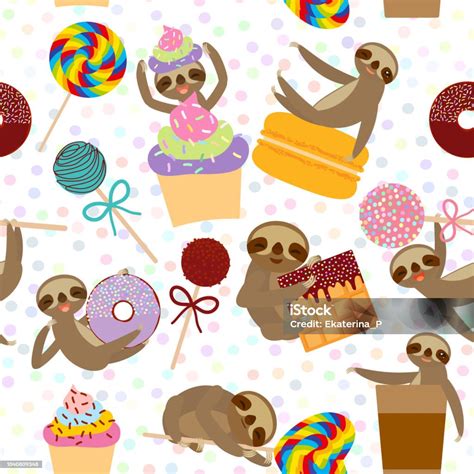 원활한 패턴 재 밌 고 귀여운 흰색 배경에 스프링 팝 핑크 케이크 도넛 사탕 커피 와플 마 카 롱 세 발가락 나무늘보 컬렉션 미소 벡터 갈색에 대한 스톡 벡터 아트 및 기타