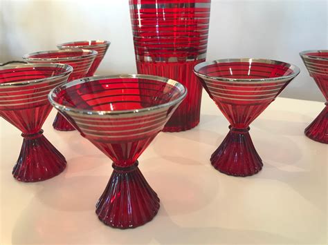 Rare Ruby Red Glass Cocktail Martini Glasses And Shaker Set With Silver