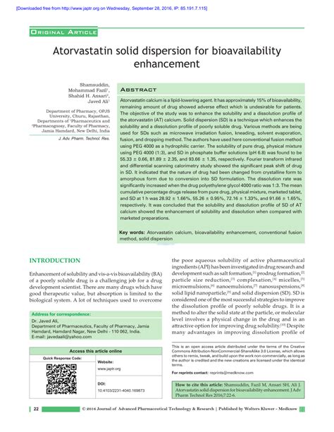 Pdf Atorvastatin Solid Dispersion For Bioavailability Enhancement