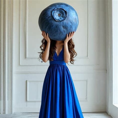 A Brunette Woman With Long Hair In A Blueberry Dress Stands Tall In A