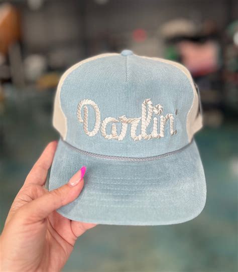 Darlin Light Blue And Tan Cordaroy Embroidered Cap Shipping Dept