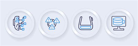 라인 클라우드 데이터베이스 안경의 스마트 안경 느낌표가 있는 지구 및 휴머노이드 로봇 아이콘을 설정합니다 벡터 가공의 인물에 대한 스톡 벡터 아트 및 기타 이미지 Istock