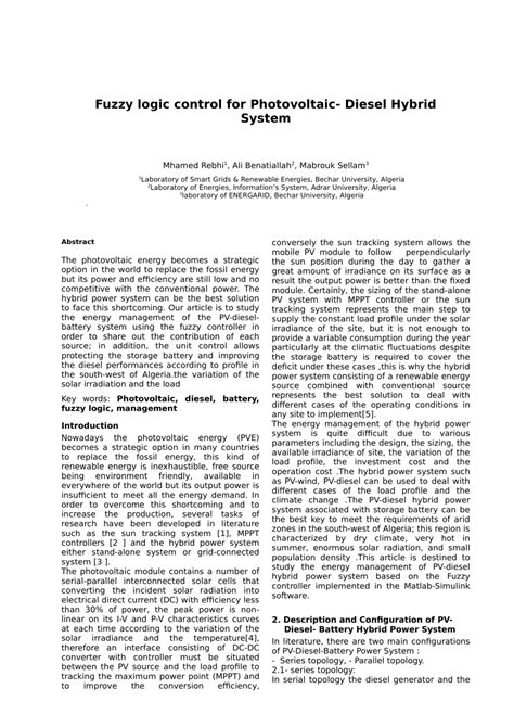 Pdf Fuzzy Logic Control For Photovoltaic Diesel Hybrid Power System