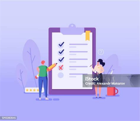 고객 검토 연필로 서 서 있는 사람들 선택 답변 또는 설문 조사 양식에 피드백 및 의견을 제공 고객 피드백 품질 테스트 체크리스트의 개념 웹 디자인에 대한 벡터 그림 연필에