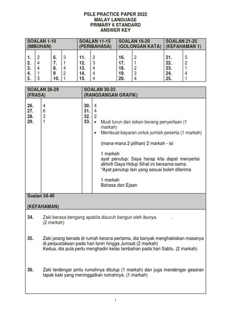 Psle Malay Language 2022 Paper 2 Answer Key Pdf