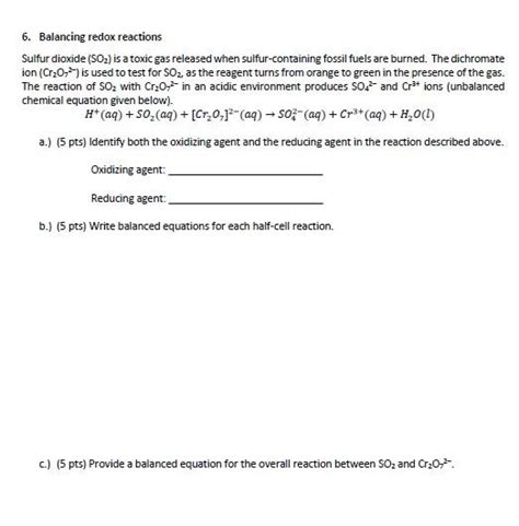 Solved 6 Balancing Redox Reactions Sulfur Dioxide So2 Is