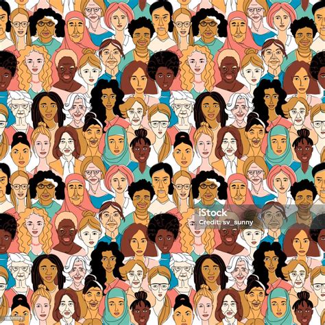 여성 다양성 머리 초상화 라인 그리기 낙서 포스터 원활한 패턴 공동체에 대한 스톡 벡터 아트 및 기타 이미지 공동체 다민족