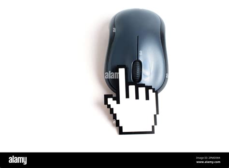 Hand Shaped Cursor Figurine Clicks A Computer Mouse Button Creative Helping Hand Concept Stock