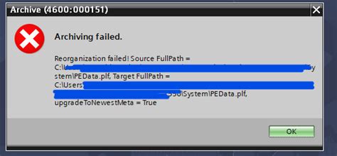 Tia Portal V16 Archiving Issue 4600 000151 Reorganization Failed Rplc