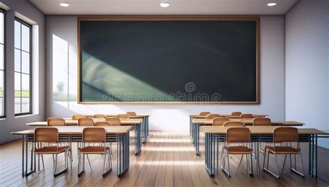 Modern Classroom Interior With Empty Wooden Desks And A Large Blackboard 3d Rendering Stock