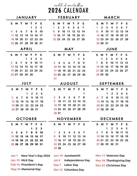 2026 Calendar With Holidays Free Printable Pdfs World Of Printables