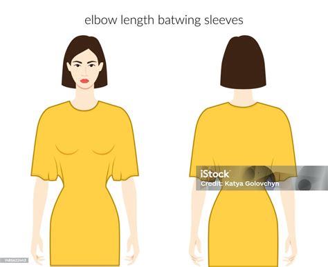 배트윙 소매 팔꿈치 길이 옷 캐릭터 노란색 상의 셔츠 드레스 테크니컬 패션 일러스트레이션 팔꿈치 길이의 아름다운 여성 플랫 의류 템플릿 앞면 뒷면 여성 남성 남녀 공용
