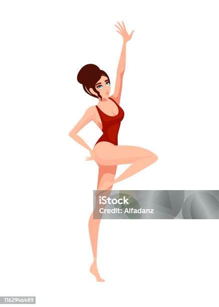 아름다운 여자 에 빨강 수영복 을 하고 운동 만화 캐릭터 디자인 평면 벡터 일러스트 건강한 생활방식에 대한 스톡 벡터 아트 및 기타 이미지 건강한 생활방식 귀여운 긴