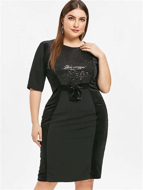 Wipalo Women Half Sleeve Sequin Plus Size 6xl Bodycon Dress Knee Length Bow Embellished Slim