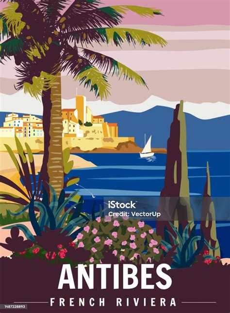 앙티브 프렌치 리비에라 레트로 포스터 열대 해안 경치 야자수 지중해 해양 바다 마을 고풍스런에 대한 스톡 벡터 아트 및 기타 이미지 Istock