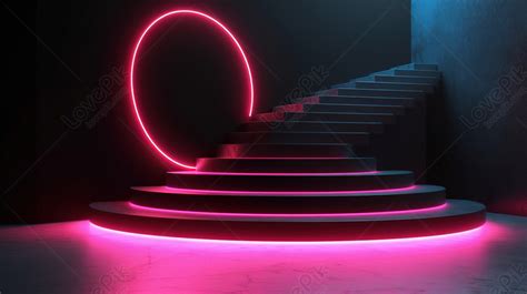 네온 조명 배경으로 3d 콘크리트 연단 렌더링 향상 연단 배경 분홍색 원 배경 지휘대 배경 이미지 Hd 연단 분홍색 원 지휘대 배경 사진 무료 다운로드 Lovepik