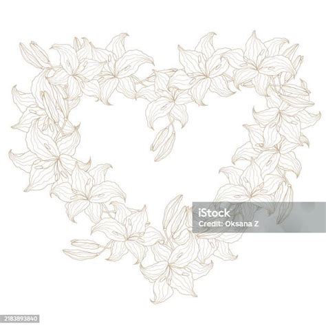 백합 라인 아트 꽃 심장 화환 결혼식 카드 또는 초대장 손으로 그린 벡터 일러스트 레이 션 템플릿입니다 검은색에 대한 스톡 벡터 아트 및 기타 이미지 Istock