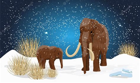 Premium Vector Big Woolly Mammoth And Cub On Plain In The Snow Night With The Stars